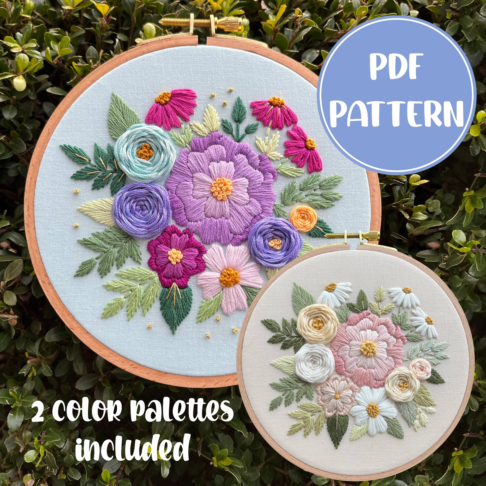 PDF Pattern - Enchanted Spring, Floral Hand Embroidery Pattern, Two Co ...